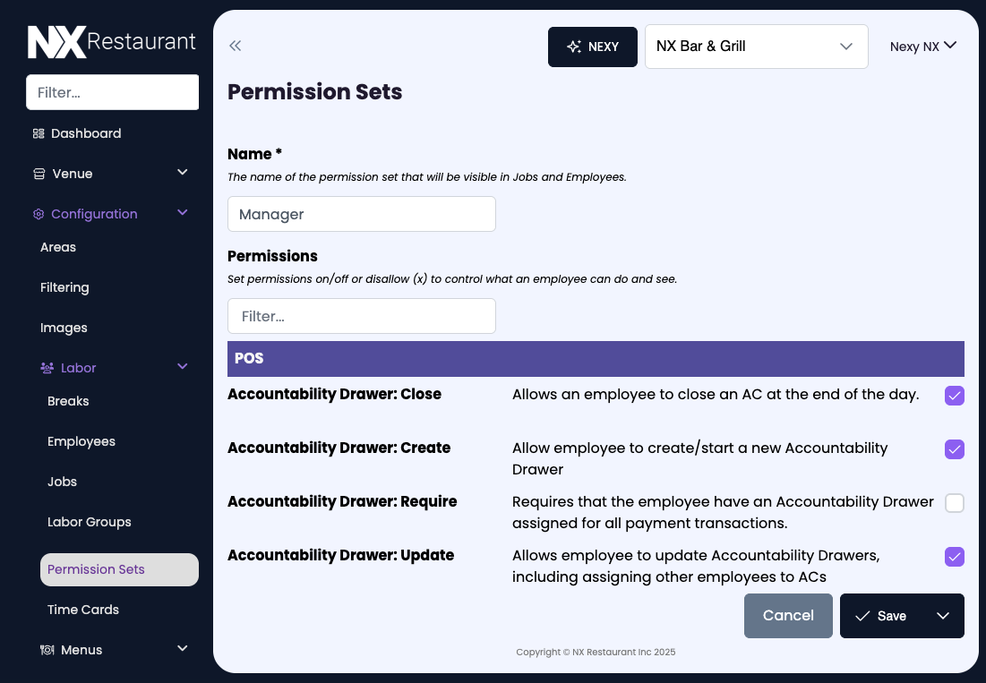 Configuration > Labor > Permission Sets - Create Reusable Permission Groupings – NX Restaurant
