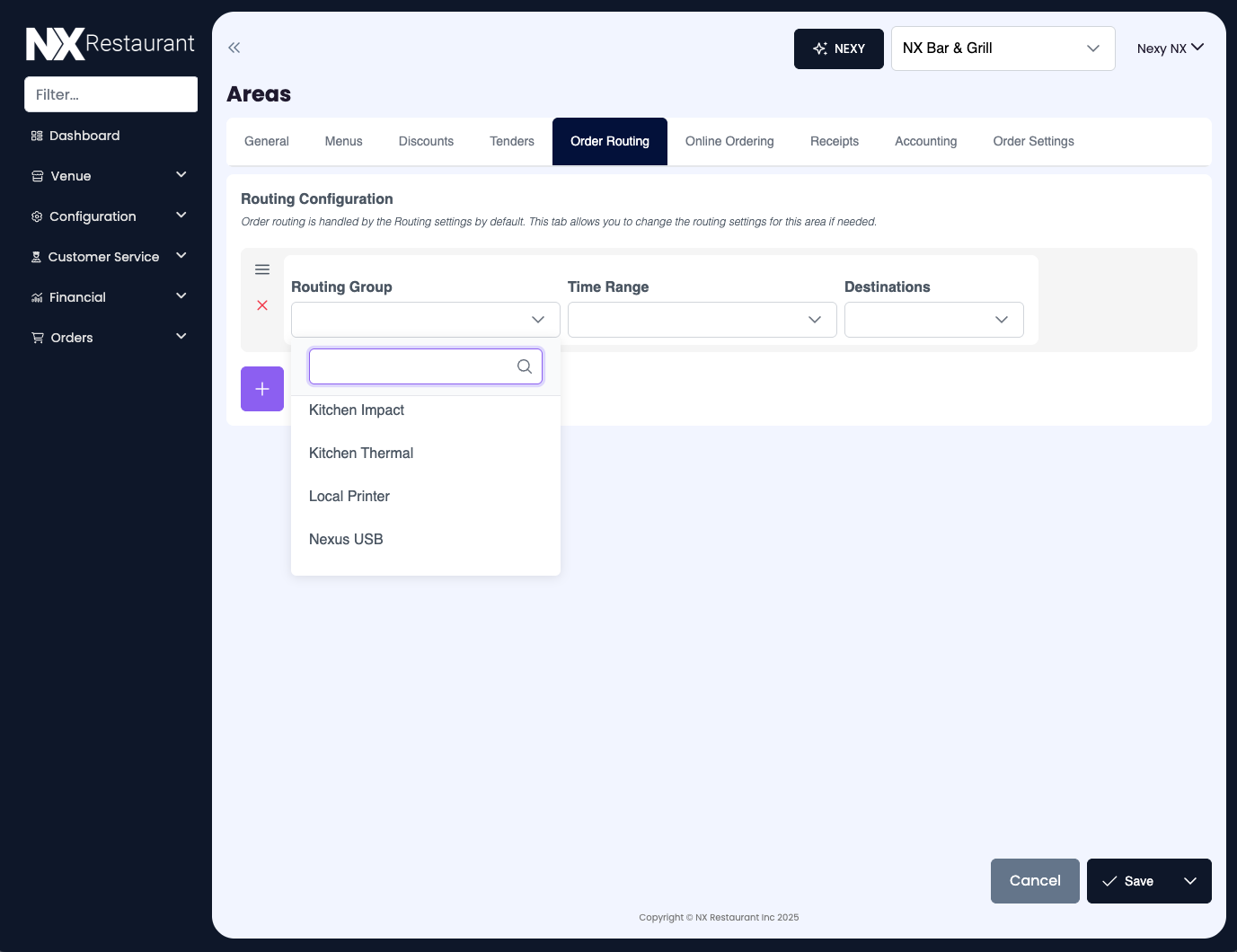 Configuration > Areas > Order Routing – NX Restaurant