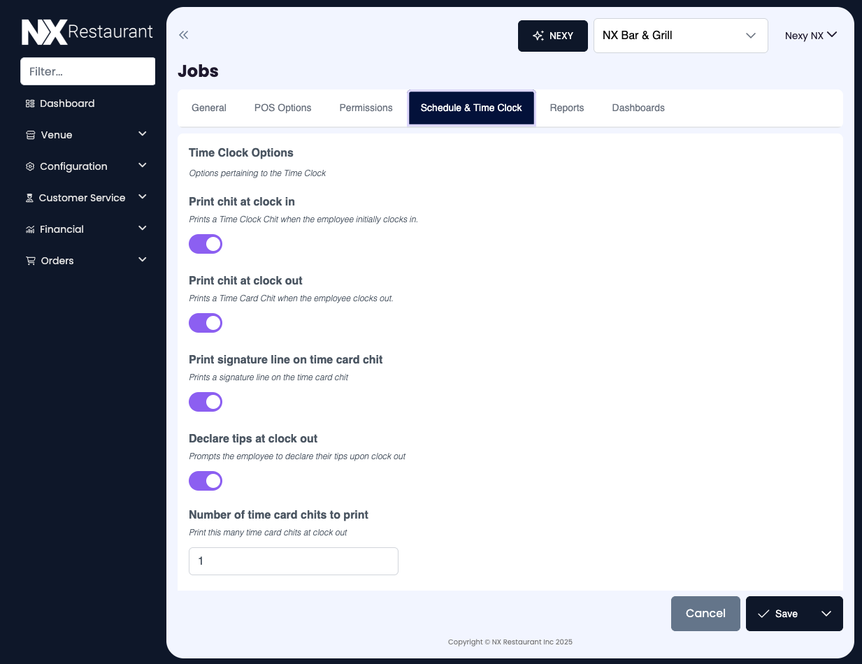 Configuring Jobs - Schedule & Time Clock Tab – NX Restaurant