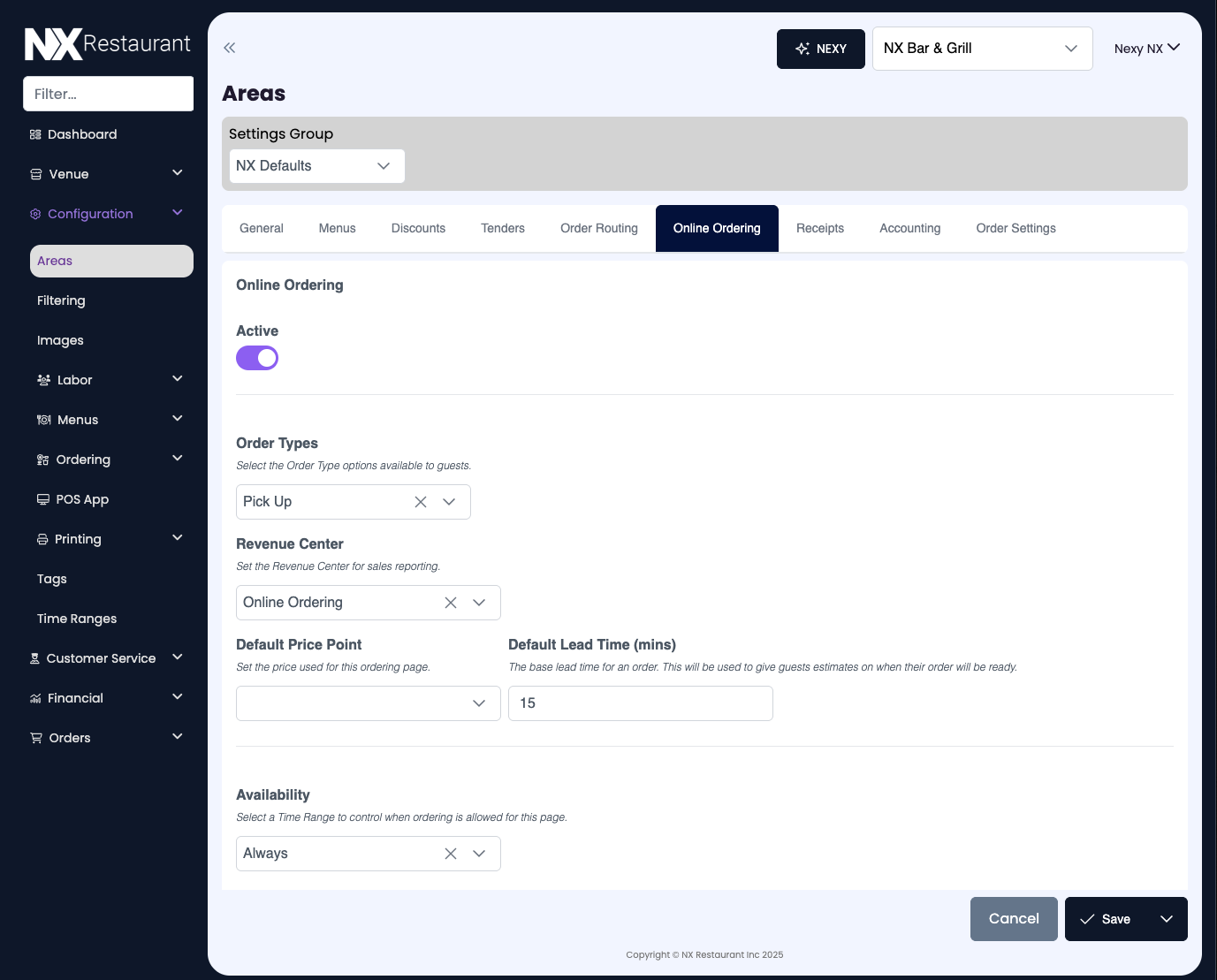 Configuration > Areas > Online Ordering – NX Restaurant