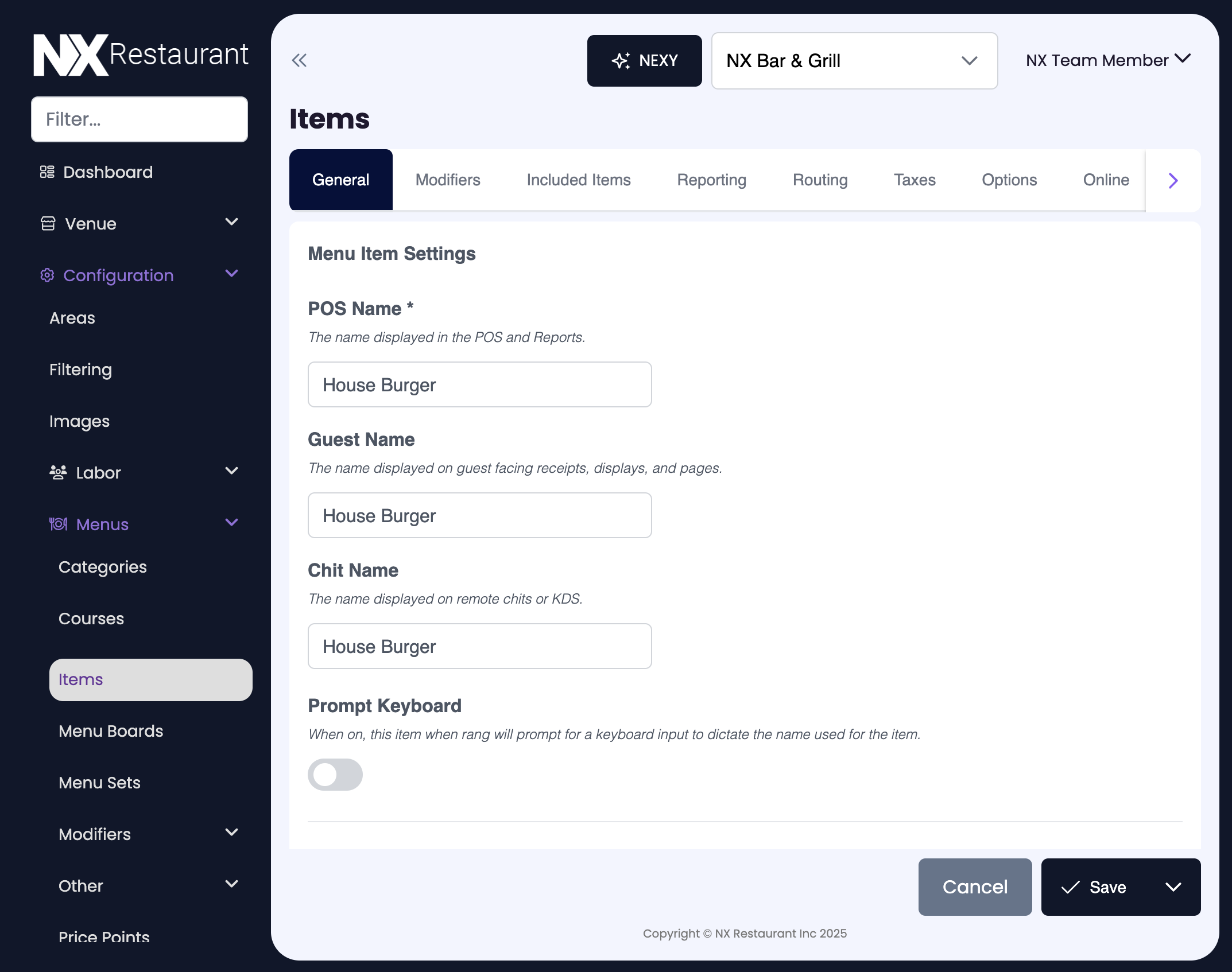Configuration > Menus > Items > General Tab – NX Restaurant