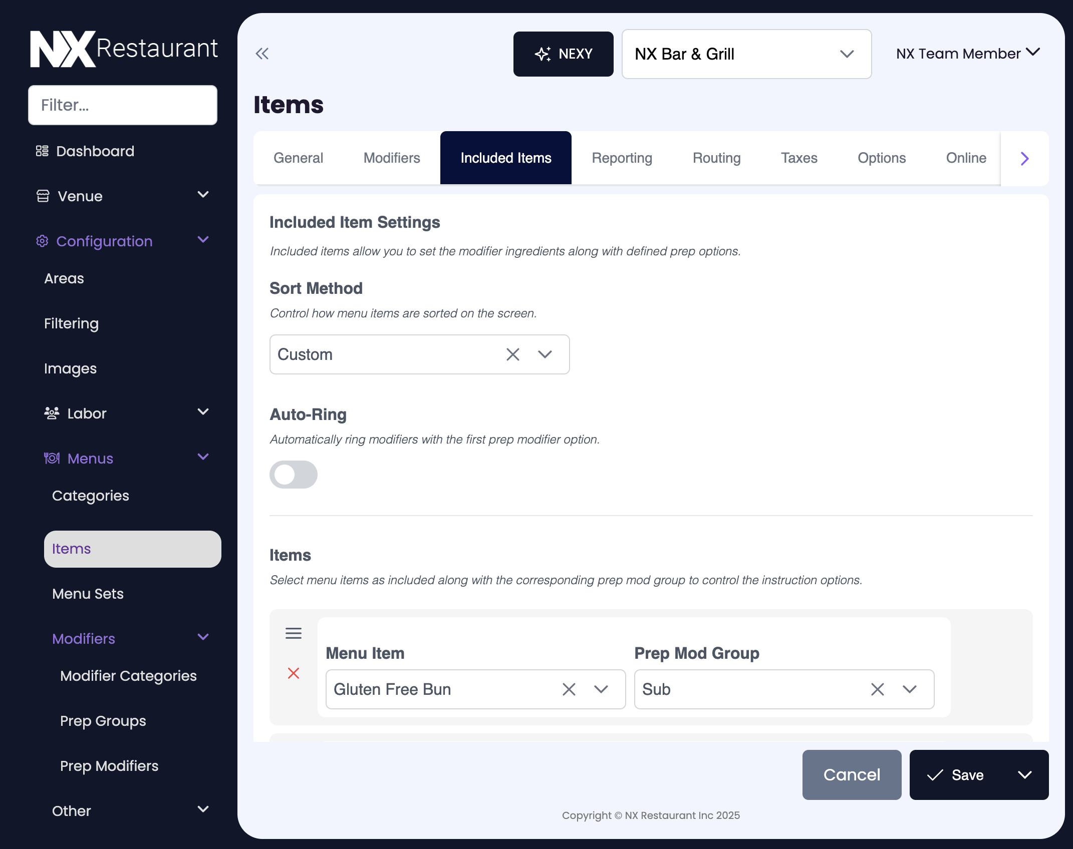 Configuration > Menus > Items > Included Items – NX Restaurant