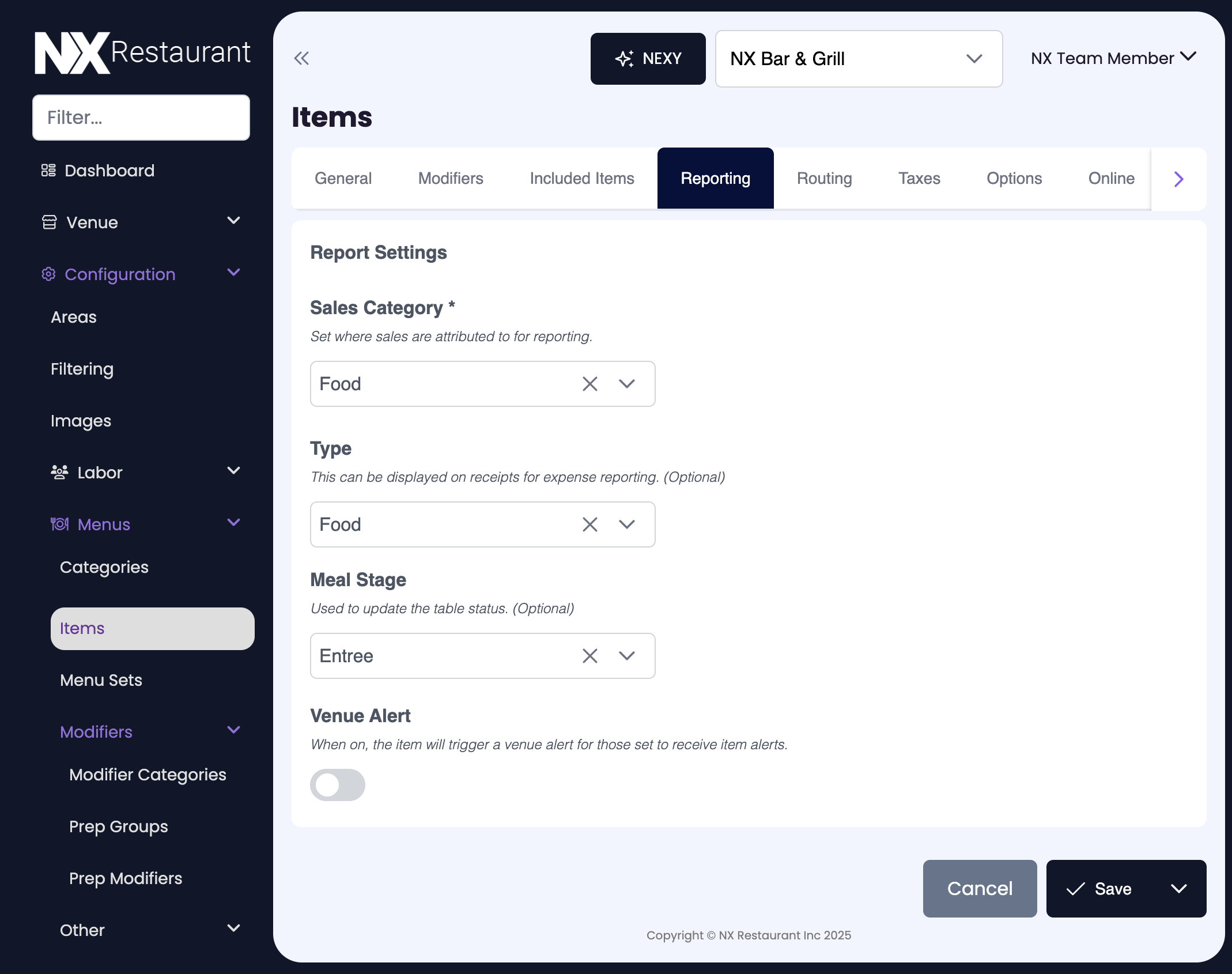 Configuration > Menus > Items > Reporting – NX Restaurant