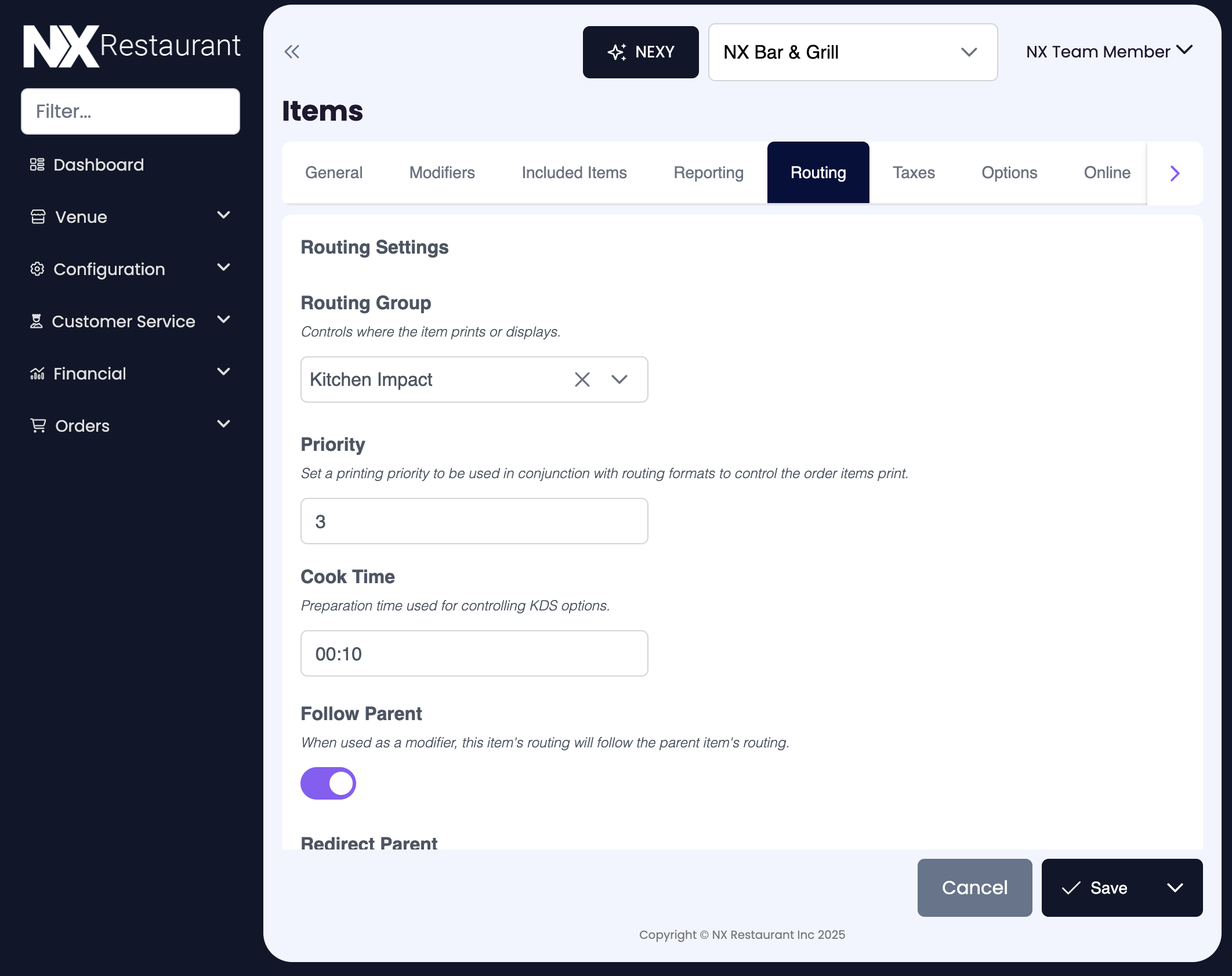 Configuration > Menus > Items > Routing Tab – NX Restaurant