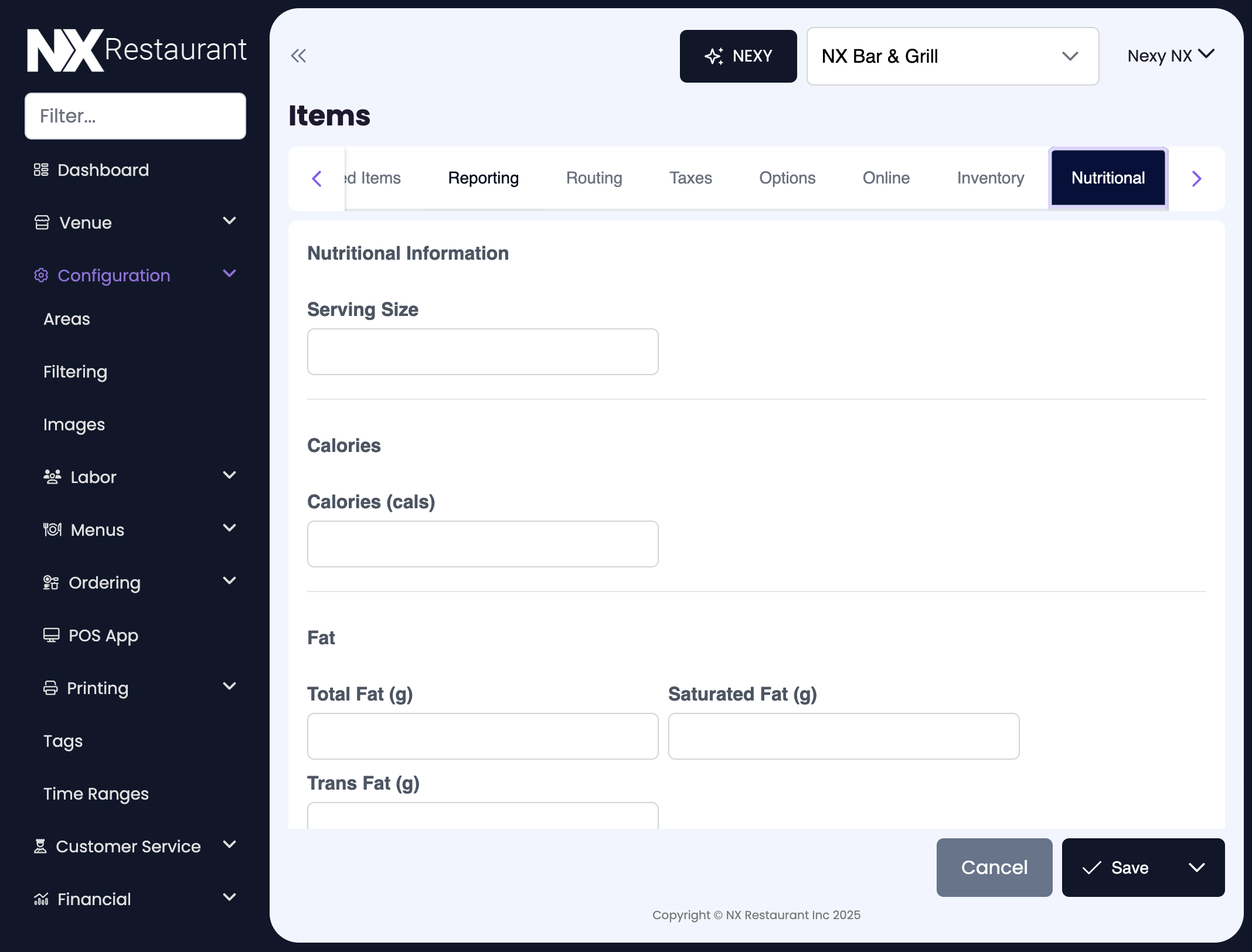 Configuration > Menus > Items > Nutritional Tab – NX Restaurant